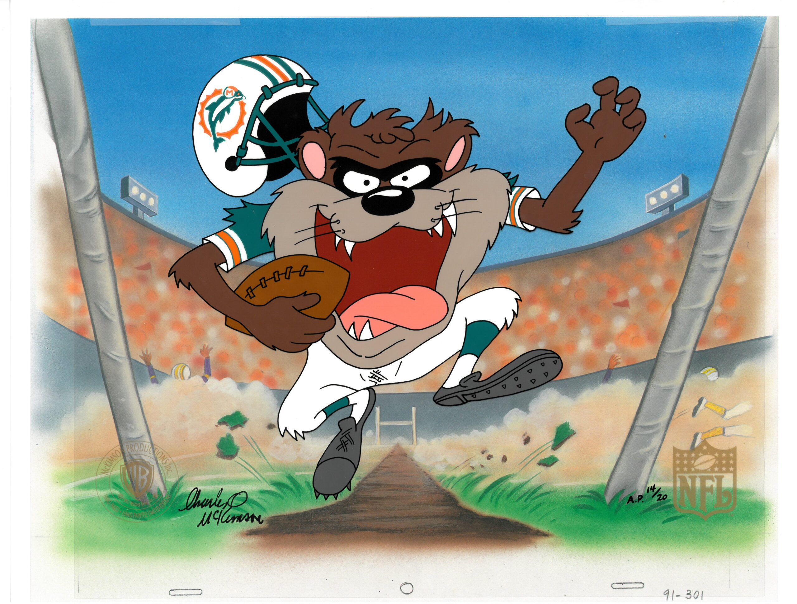 Miami Dolphins - Hand-Painted Taz WB Cel Signed - Classic Moments
